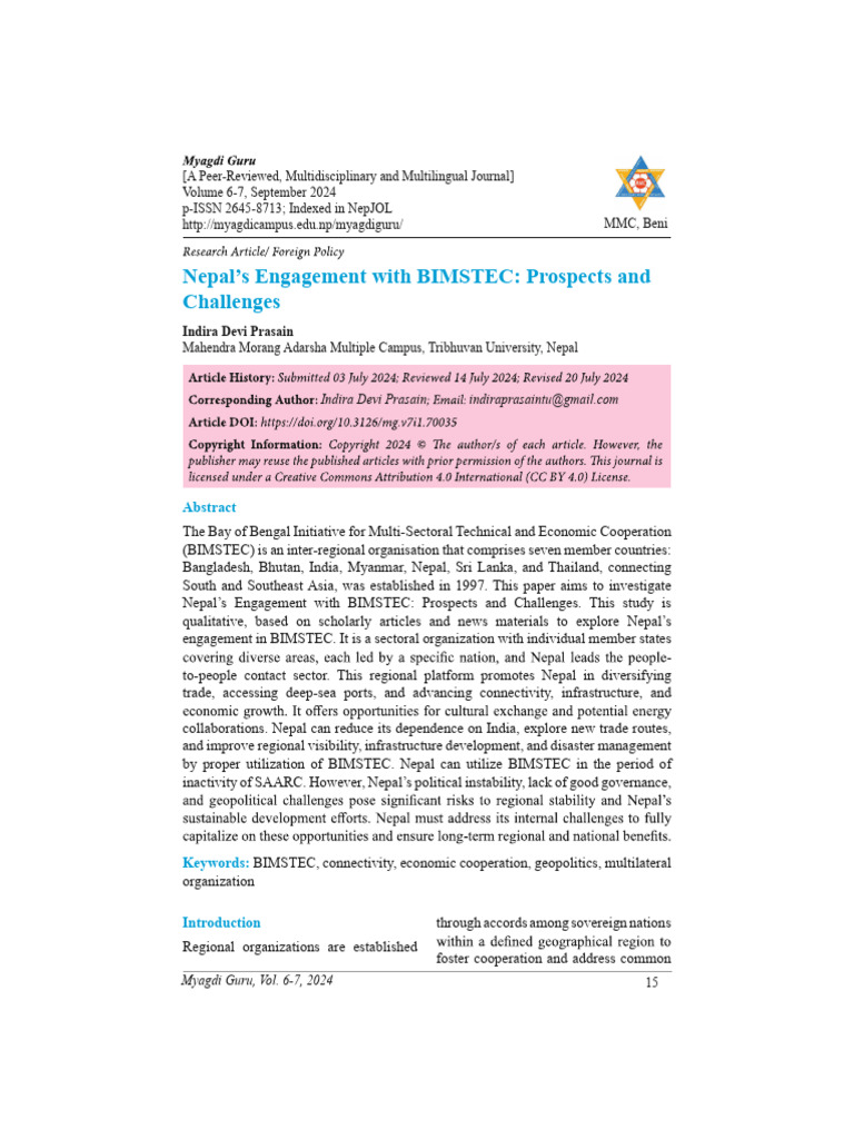 Nepal's Engagement With BIMSTEC Prospects and | PDF | Nepal | Bhutan
