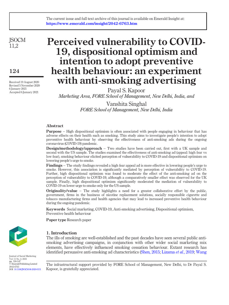Perceived Vulnerability To COVID19 Dispositional Optimism and Intention ...