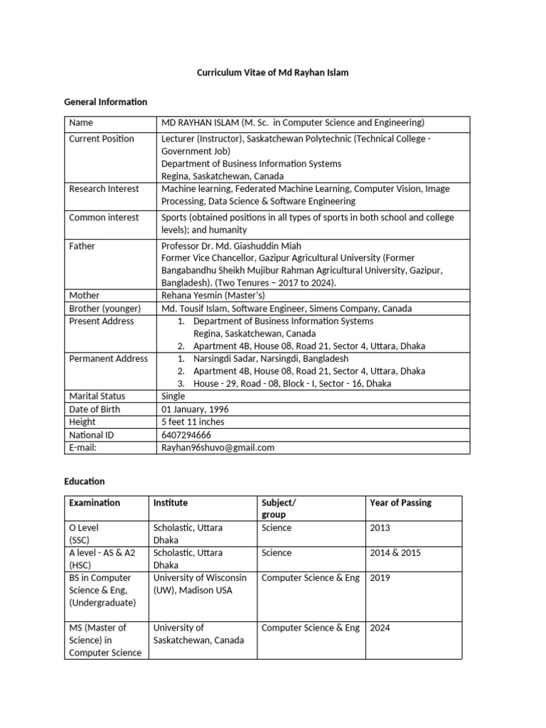 CV of Md Rayhan Islam Regina Canada | PDF