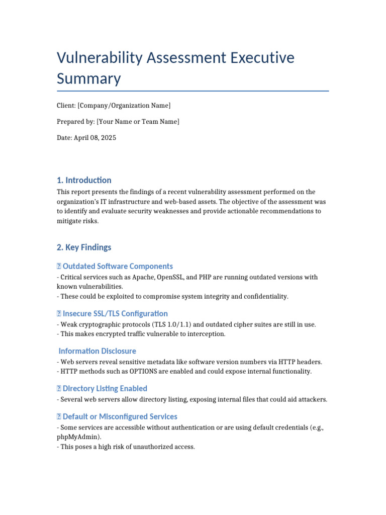 Vulnerability Assessment Summary Report | PDF | Transport Layer ...