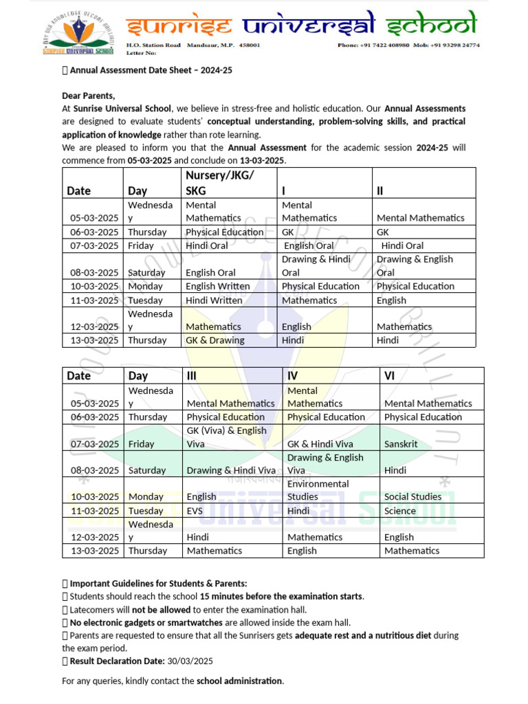 ? Sunrise Universal School Exam timetable | PDF | Learning | Behavior Modification