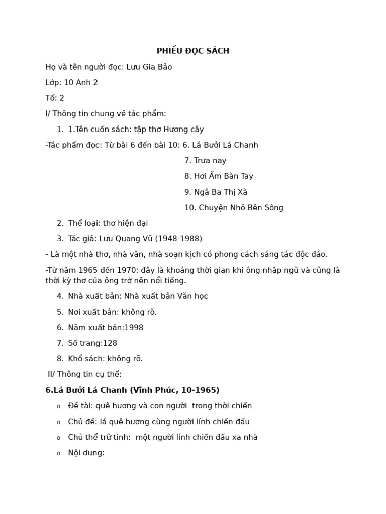 PHIẾU ĐỌC SÁCH | PDF