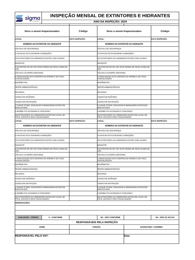 Check List - Inspeção Mensal de Extintores SIGMA | PDF