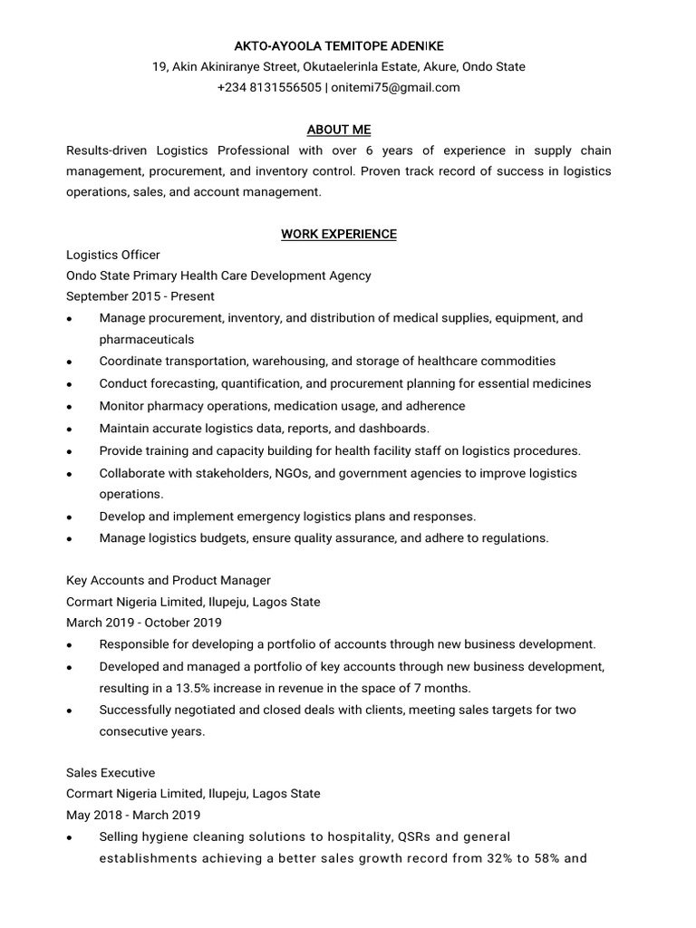 Temitope Akto-Ayoola-CV PFMO | PDF | Logistics | Health Care