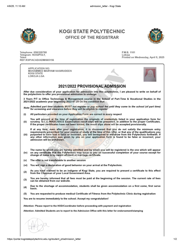 admission_letter - Kogi State | PDF