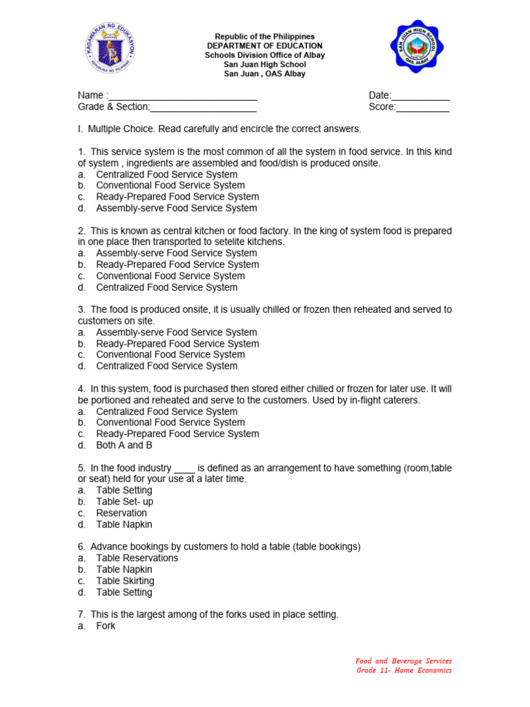 Summative Test Grade 11 HE | PDF | Tableware | Spoon