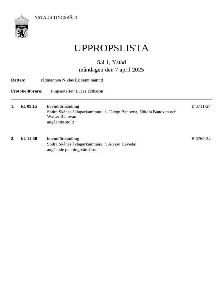 Ystad Uppropslista 2025-04-07 | PDF