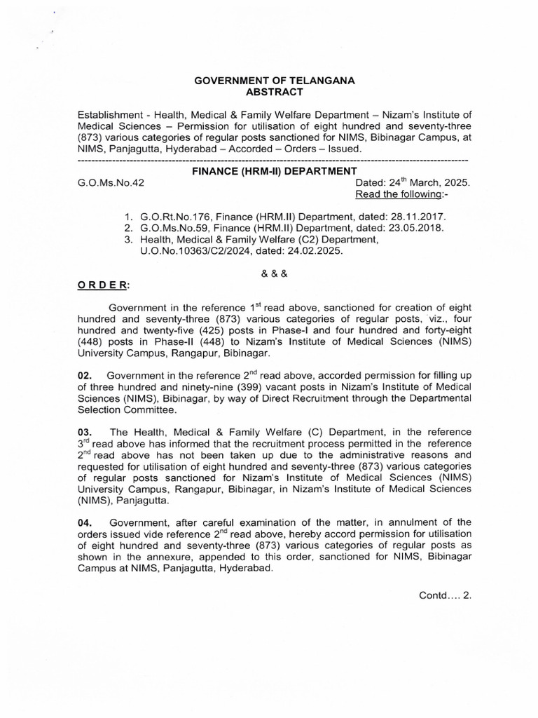 G O Ms No 42, DT 24-03-2025 - NIMS - Utilization of Staff of Bibinagar ...