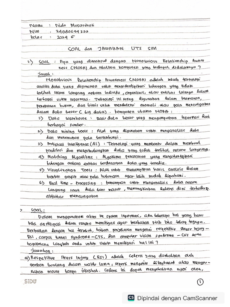 Angkatan 2024 - Kelas G - 24080694322 - Filda Mufarrihati - UTS SIM | PDF