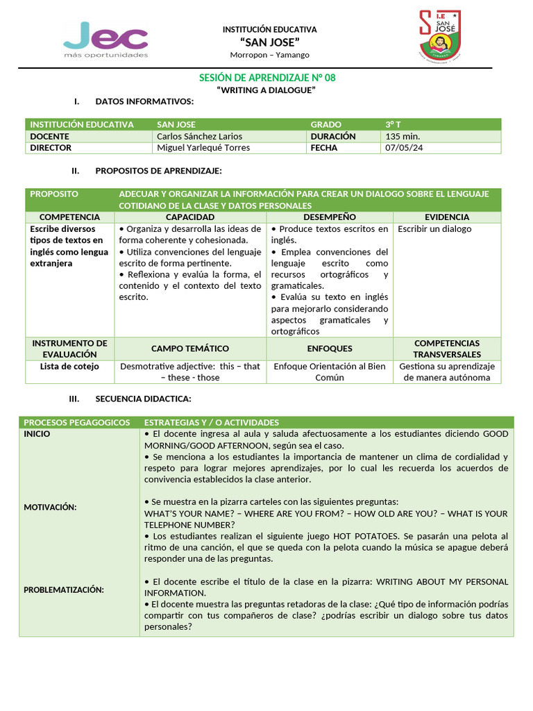1-8 Sesion de Aprendizaje 3° | PDF | Evaluación | Aprendizaje