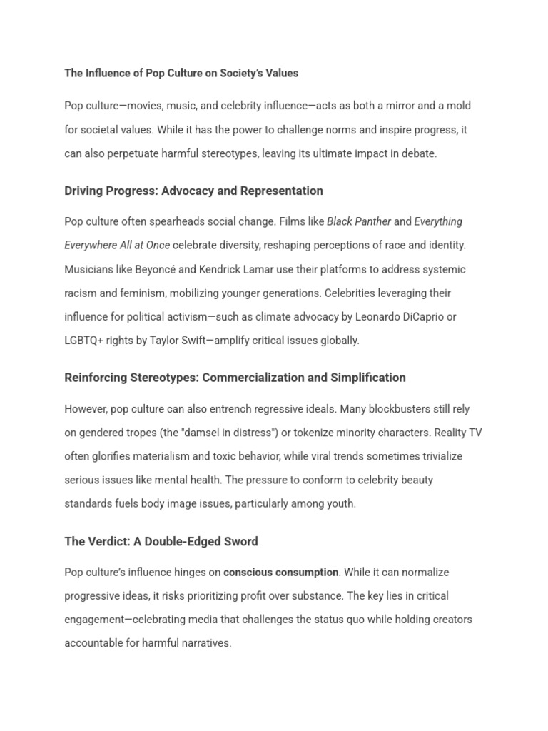 The Influence of Pop Culture On Society's Values | PDF