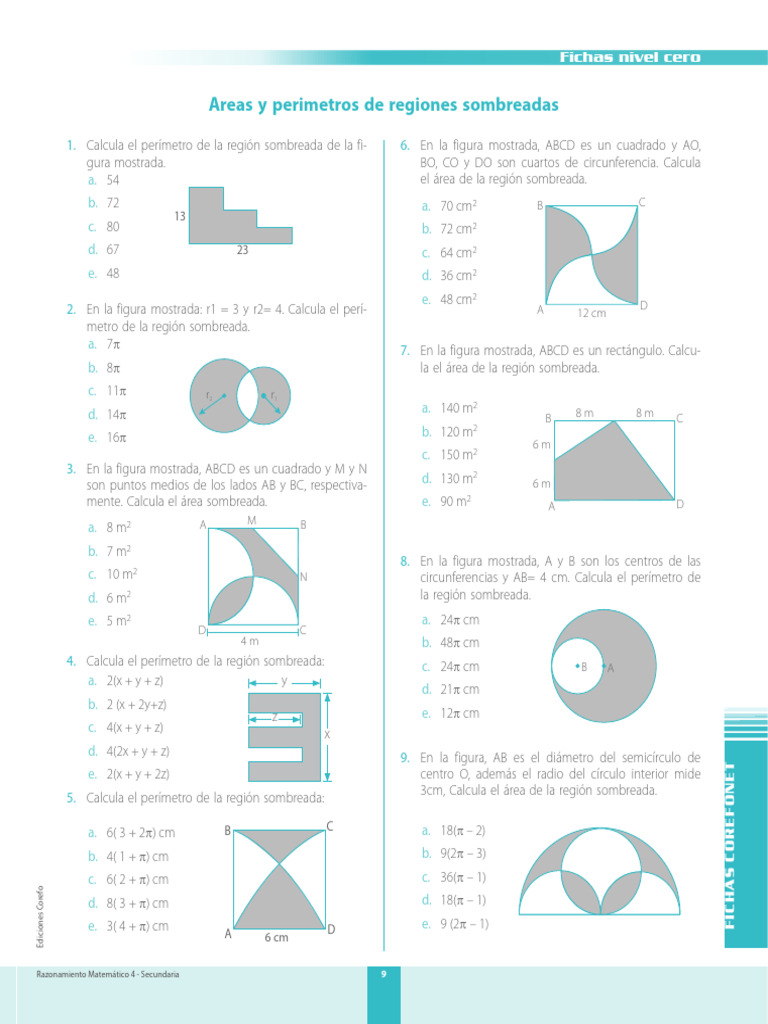 Perímetros y áreas de regiones sombreadas | PDF | Geometría Elemental ...