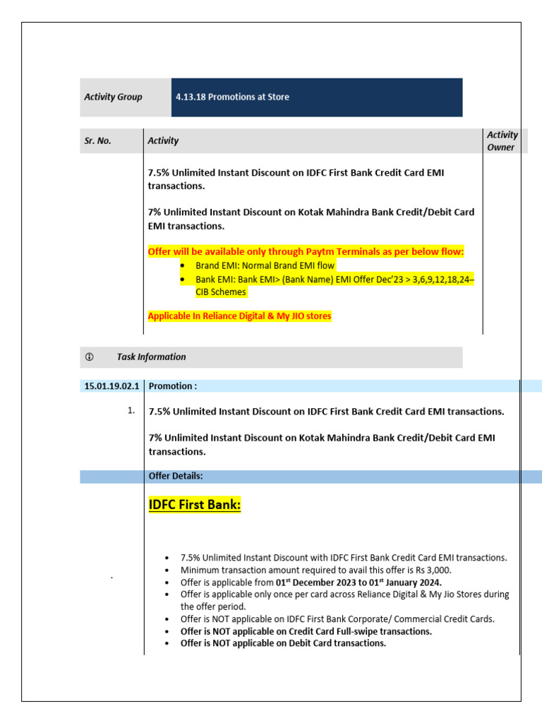 IDFC_Kotak EMI Offer- Process Note - Dec 2023.docx | PDF | Credit Card ...