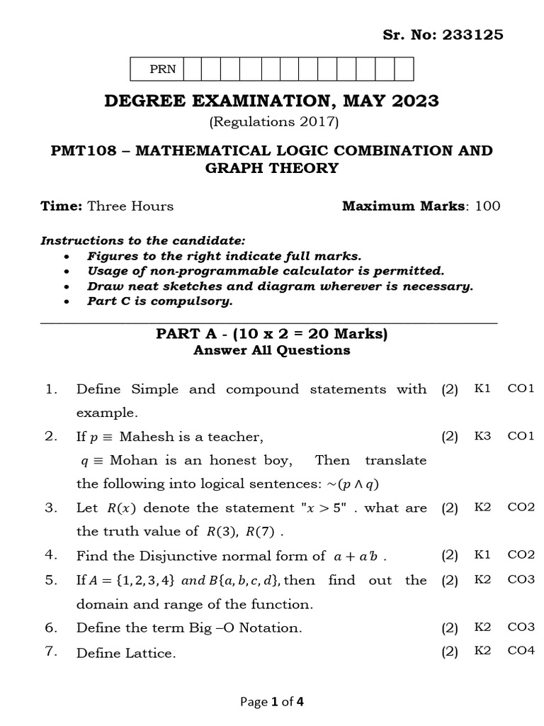 PMT101 - Mathematical Logic Combination and Graph Theory | PDF | Mathematical Concepts | Logic