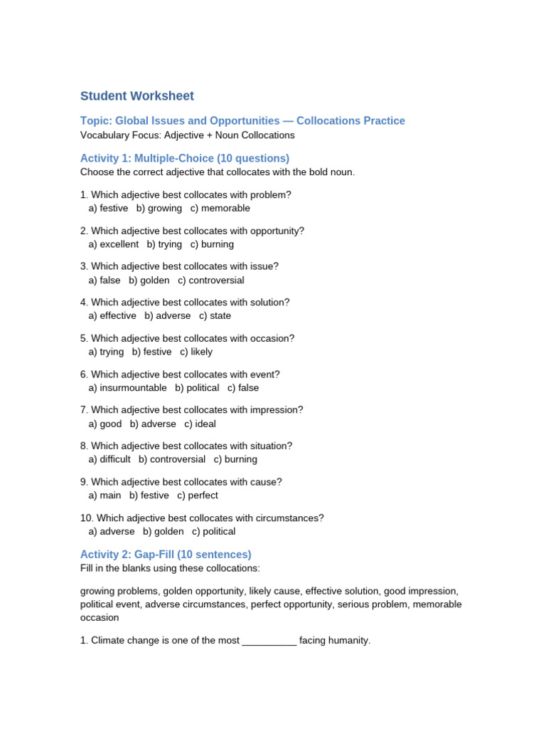 Global Issues Collocations Worksheet and Answers | PDF | Adjective ...