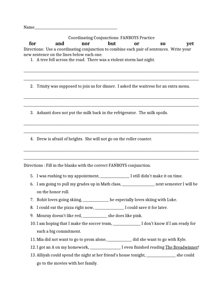 FANBOYS Conjunctions Practice Worksheet | PDF