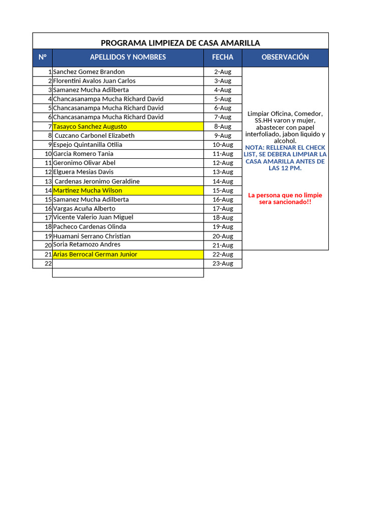 LIMPIEZA CASA AMARILLA - Mes de Octubre Noviembre | PDF