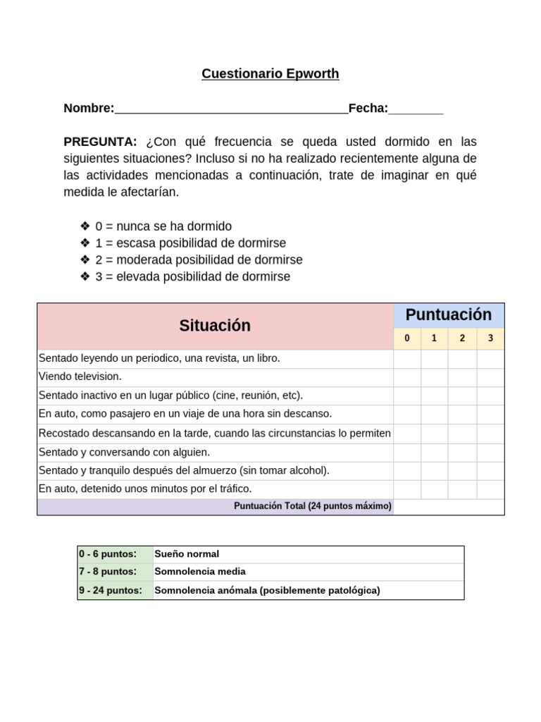 Cuestionario Epworth | PDF