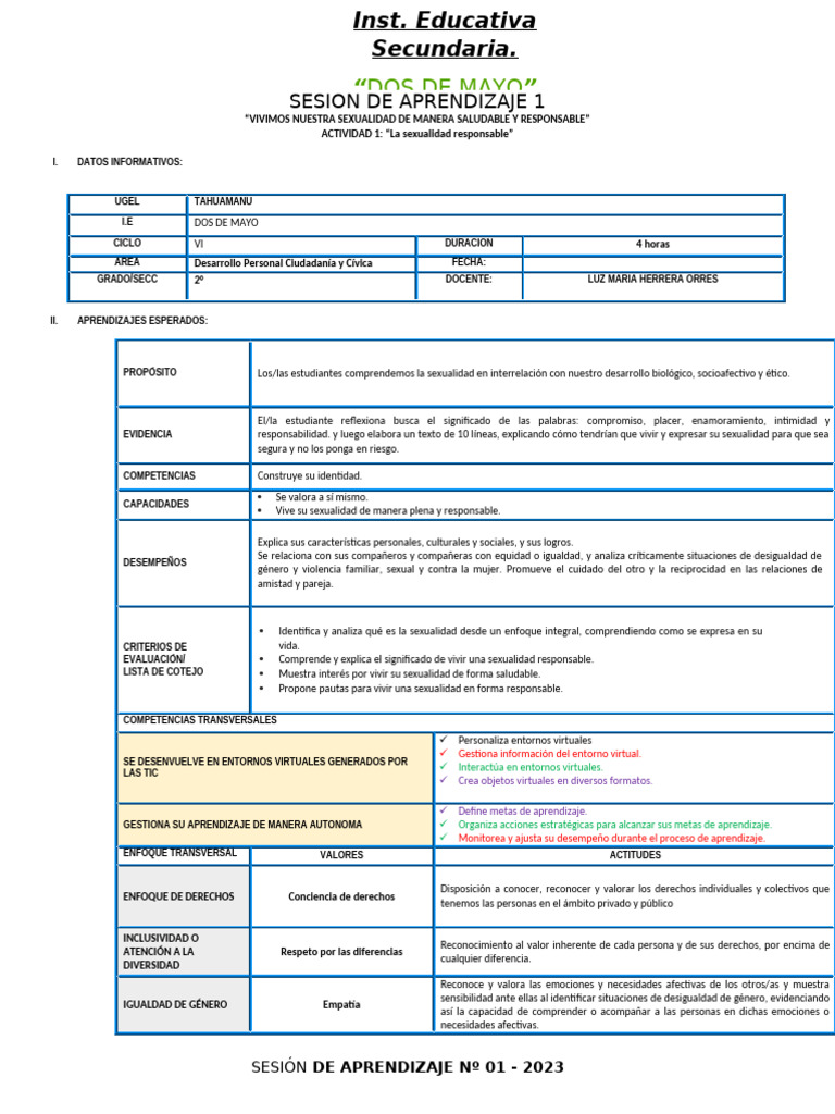 2º DPCC - Ses 1 Uni 3 - Sem 01 | PDF | Aprendizaje | La sexualidad humana