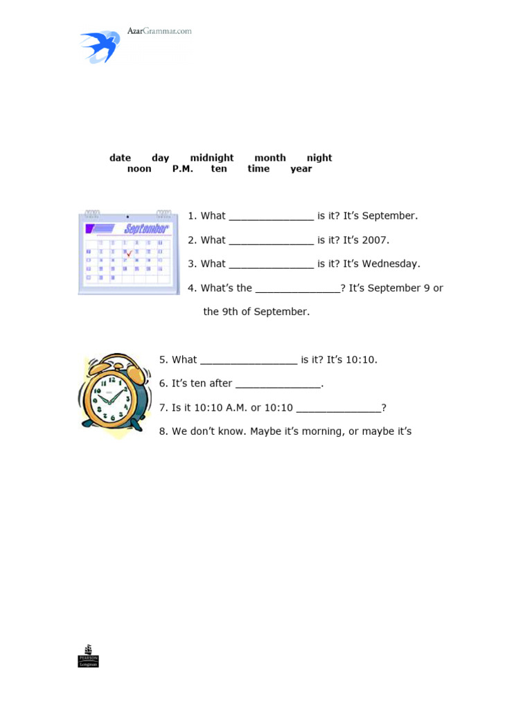 Betty Azar English Worksheets (Elementary) - Chapter 5 - Talking About ...
