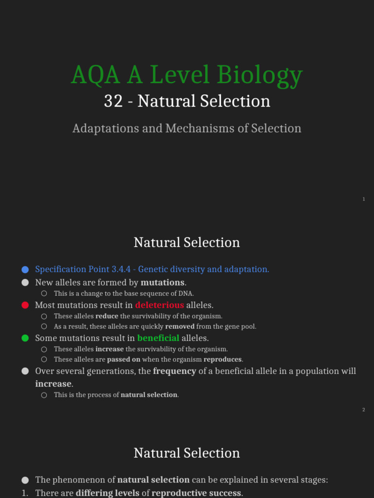 AQA A Level Biology Lecture 32 - Natural Selection | PDF | Natural Selection | Mutation
