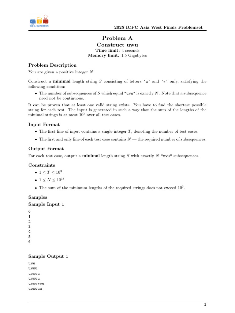 ICPC Asia West Finals Statements | PDF | Integer | String (Computer Science)