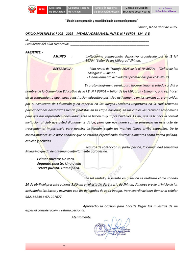 Oficio Multiple Nº 002 Invitacion a Actividad Deportiva | PDF