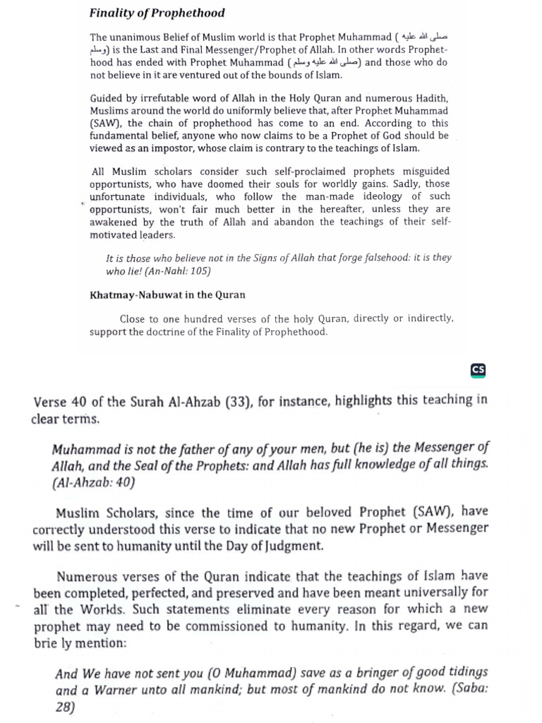 Finality of Prophethood. | PDF