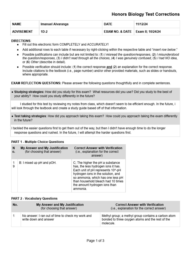 Honors Biology Test Corrections Exam II | PDF | Hydrolysis | Chemical Bond