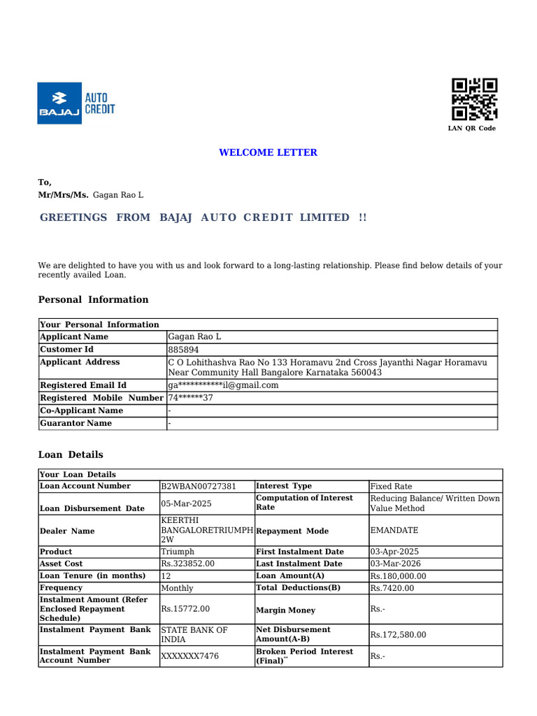 Bajaj Auto Credit Loan Welcome Letter | PDF | Loans | Interest