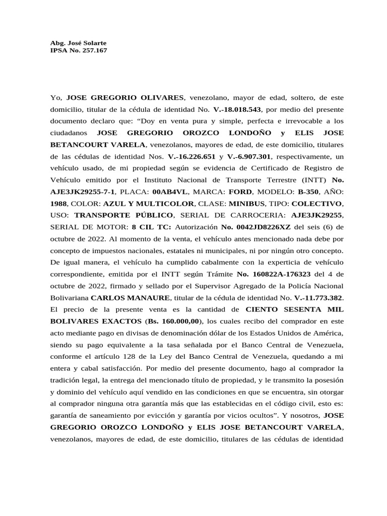 Compraventa Vehiculo - Minibus (09032024) | PDF | Venezuela