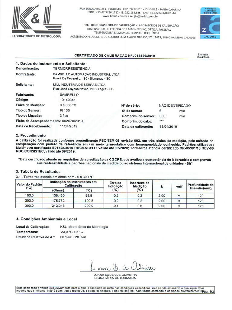 K&L - Certificado de Calibração J018826 - 2019 | PDF