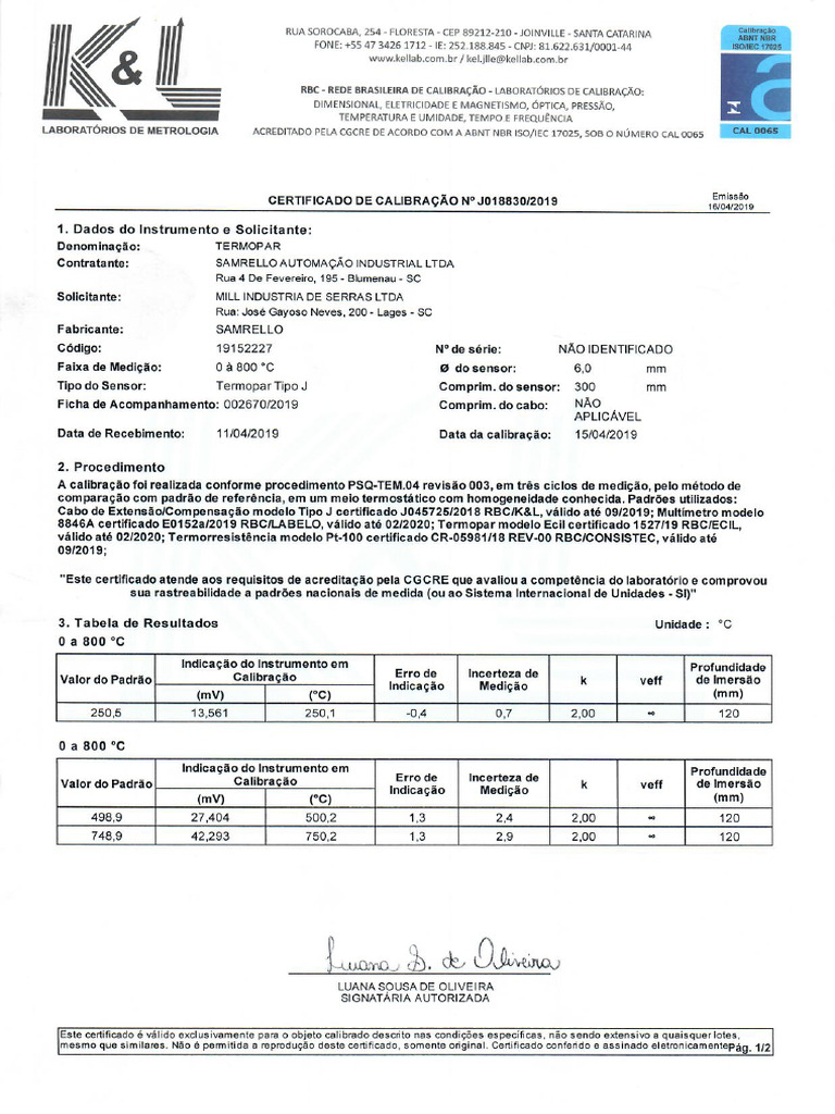 K&L - Certificado de Calibração J018830_2019 | PDF