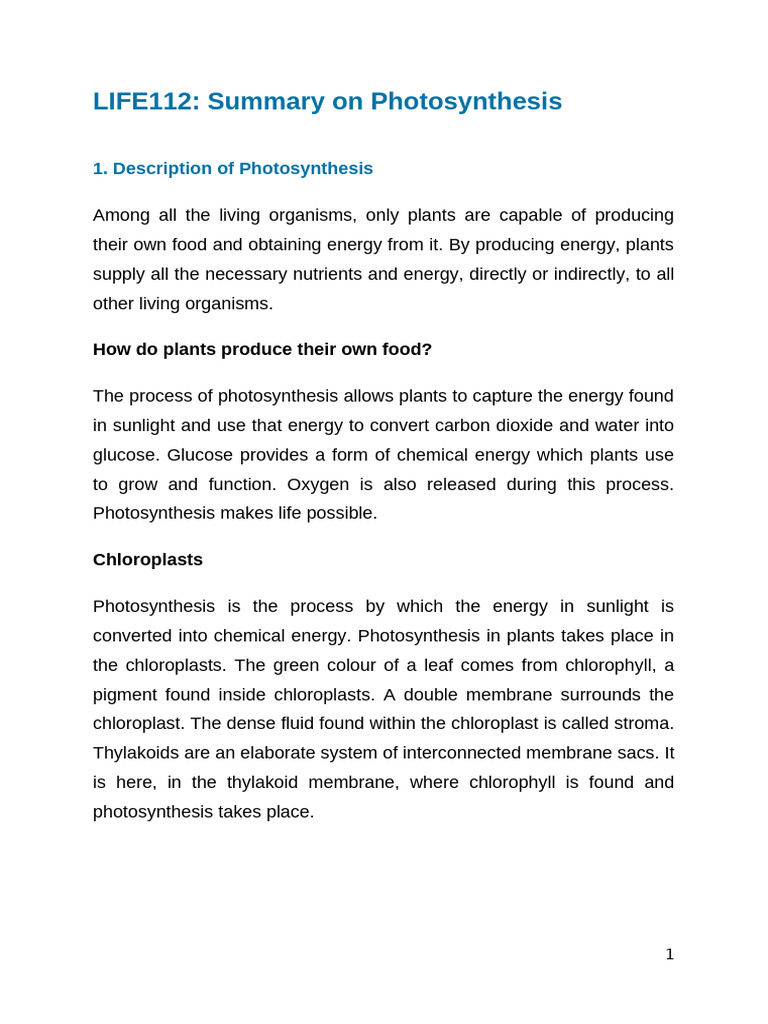 Summary On Photosynthesis | PDF | Photosynthesis | Chloroplast