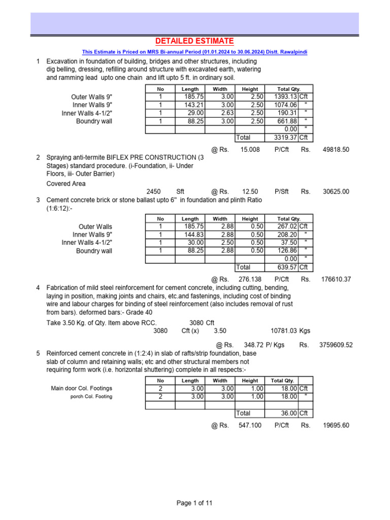 10 Marla House Estimation Project | PDF | Reinforced Concrete | Concrete