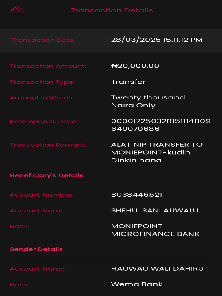 ALAT Transfer Receipt - SHEHU SANI AUWALU - 8038446521 - ₦20,000.00 - Friday, March 28, 2025 | PDF