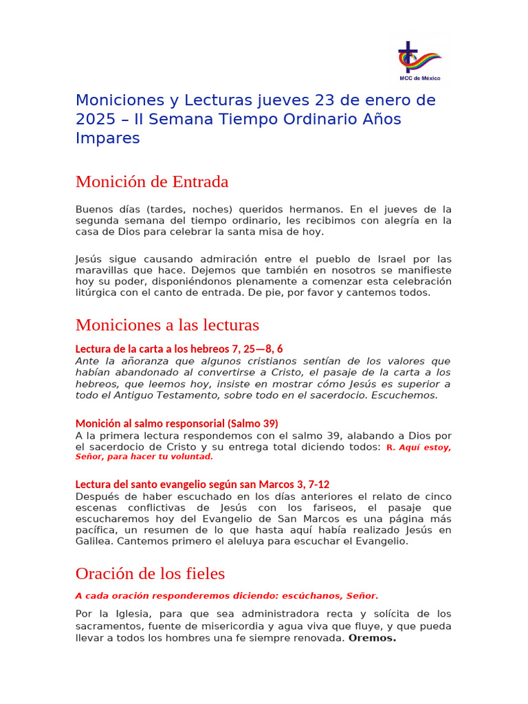 Moniciones y Lecturas Jueves 23 de Enero de 2025 | PDF | eucaristía | Jesús