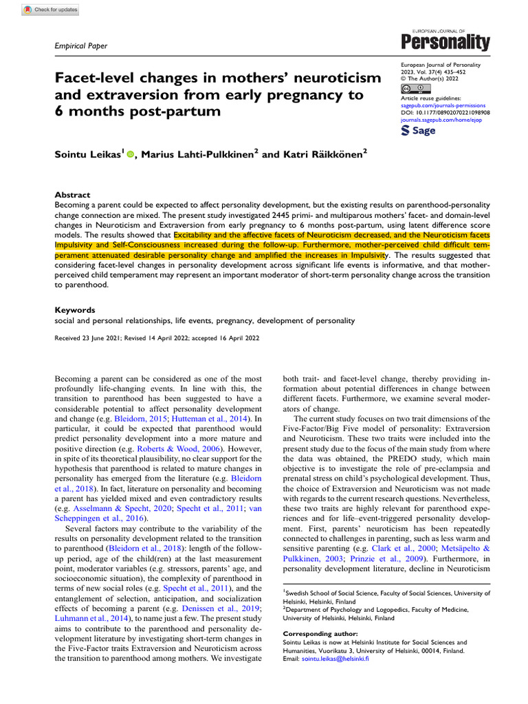 Leikas et al. - 2023 - Facet-level changes in mothers’ neuroticism and ...