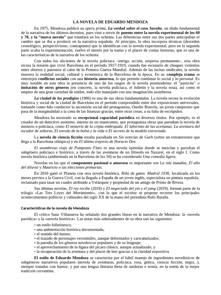Tema 9 (2) La Novela de Eduardo Mendoza | PDF | Novelas