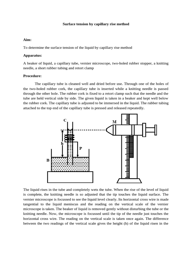 Surface Tension by Capillary Rise Method | PDF | Surface Tension | Liquids