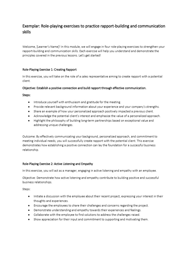Exemplar - Role Playing Exercises To Practice Rapport Building and ...