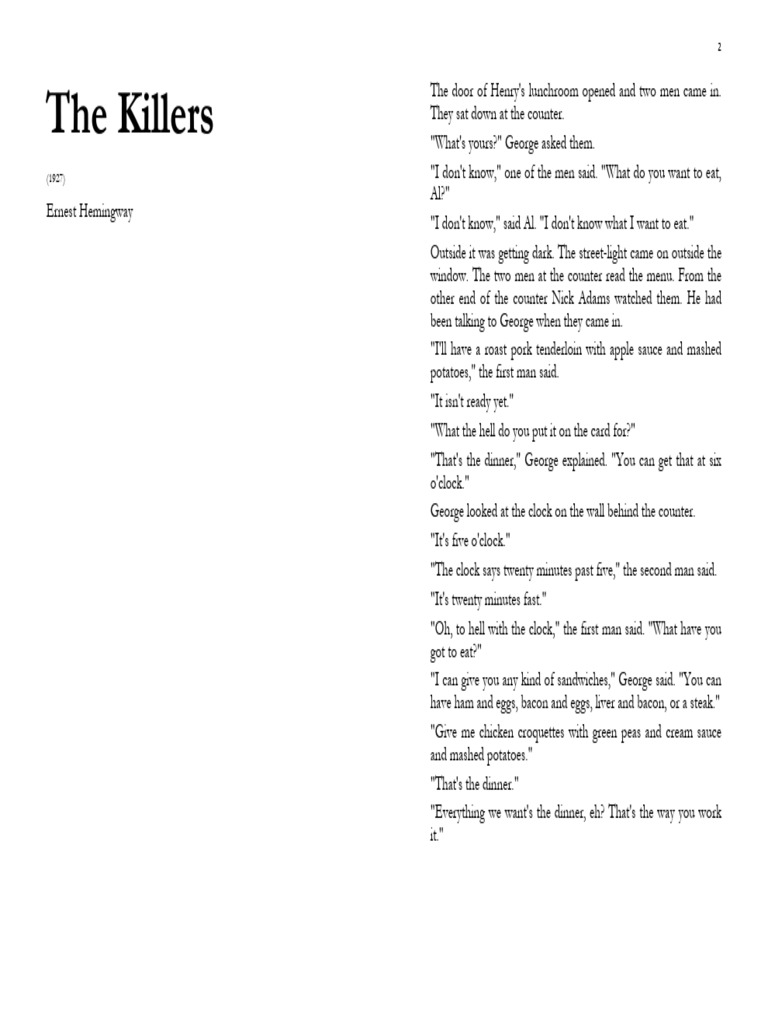 HEMINGWAY, Ernest. The Killers - Word | PDF | Foods | Cuisine