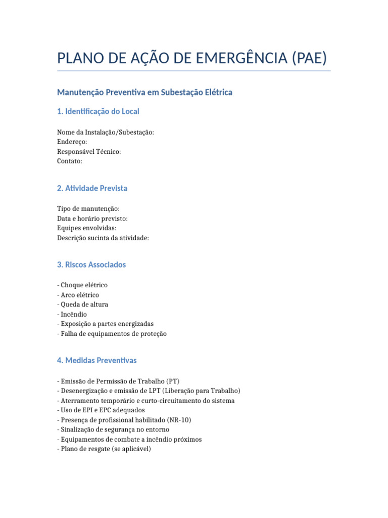 PAE Manutencao Subestacao Modelo | PDF | Primeiros socorros