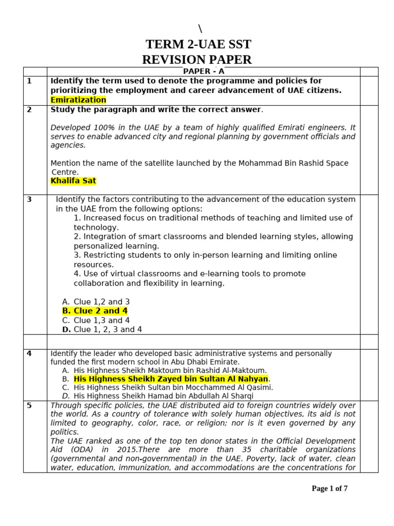 Term 2-Uae SST Revision Paper | PDF | United Arab Emirates