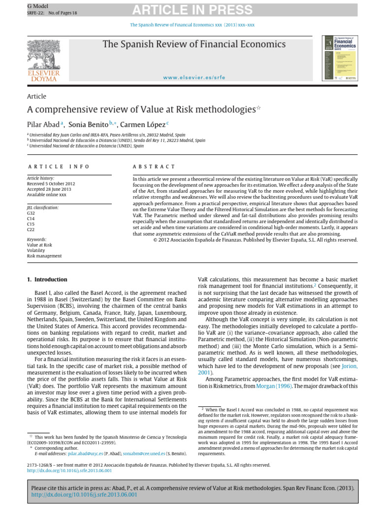 A Comprehensive Review of Value at Risk Methodologies | PDF | Value At Risk | Capital Requirement