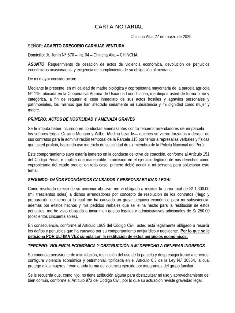 Ceci - Carta Notarial para Agapito de Ceci. | PDF | Daños y perjuicios | Justicia