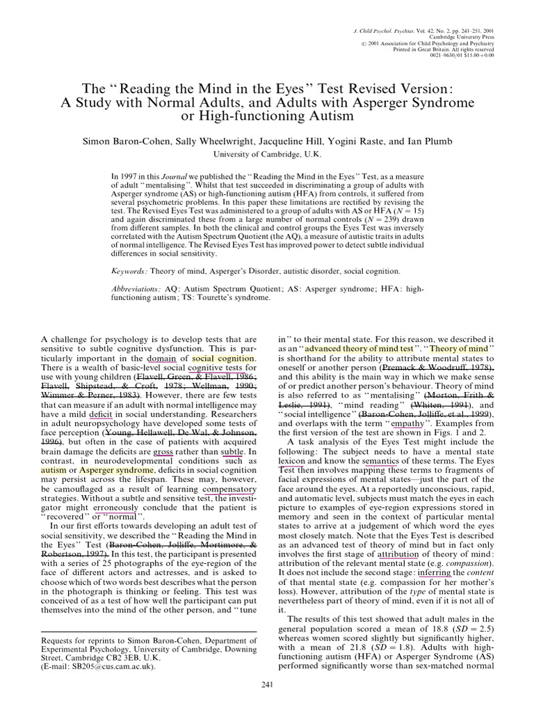 Baron-Cohen Study Annotated 202425 | PDF | Theory Of Mind | Asperger Syndrome