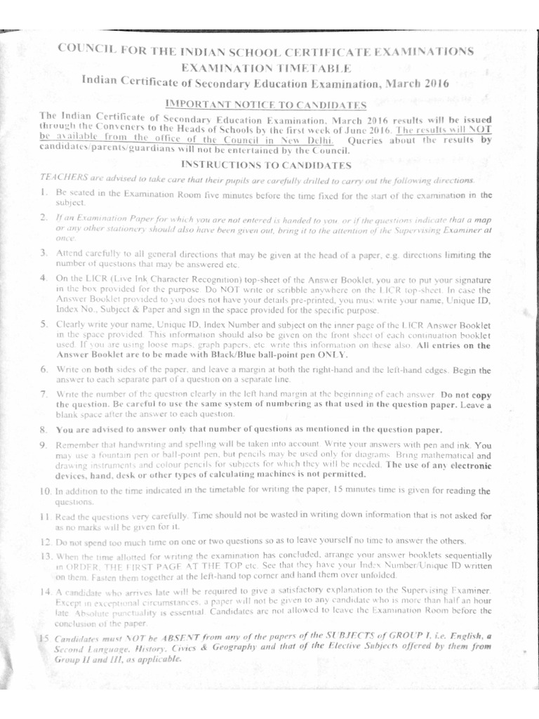 ICSE BOARD EXAM INSTRUCTION | PDF