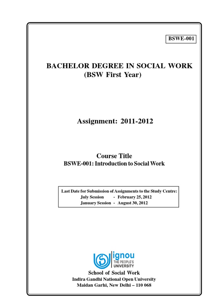 First Year BSW 2011-2012 BSWE-001 English | PDF | Social Work | Academia First Year BSW 2011-2012 BSWE-001 English | PDF | Social Work | Academia