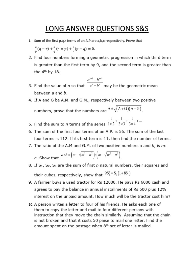 Long Answer Questions S&S: 1. Sum of The First P, Q, R Terms of An A.P ...
